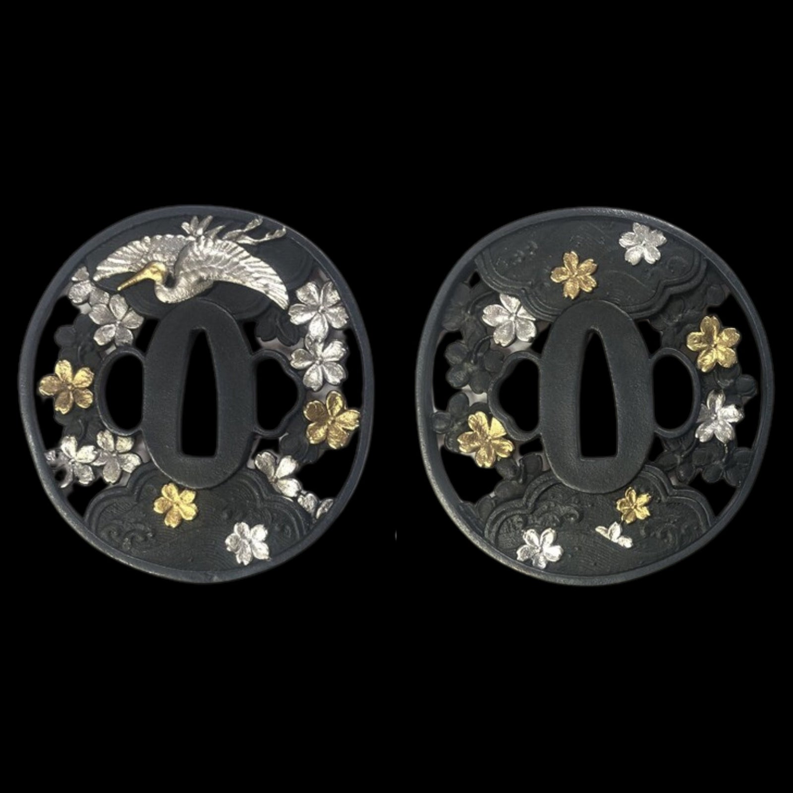 Australia Blackened Copper Tsuba with Crane and Cherry Blossom Design ...