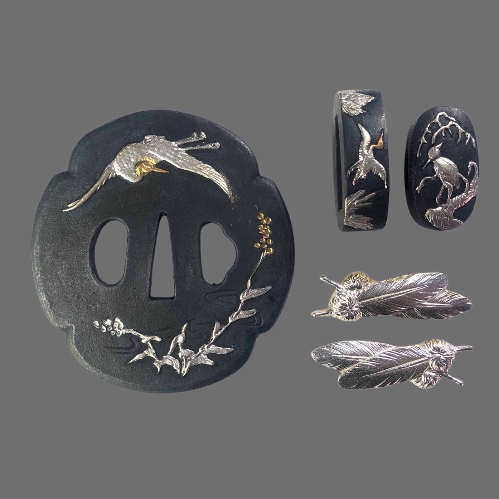 Australia Blackened Copper Tsuba with Crane and Plant Design | Hand ...