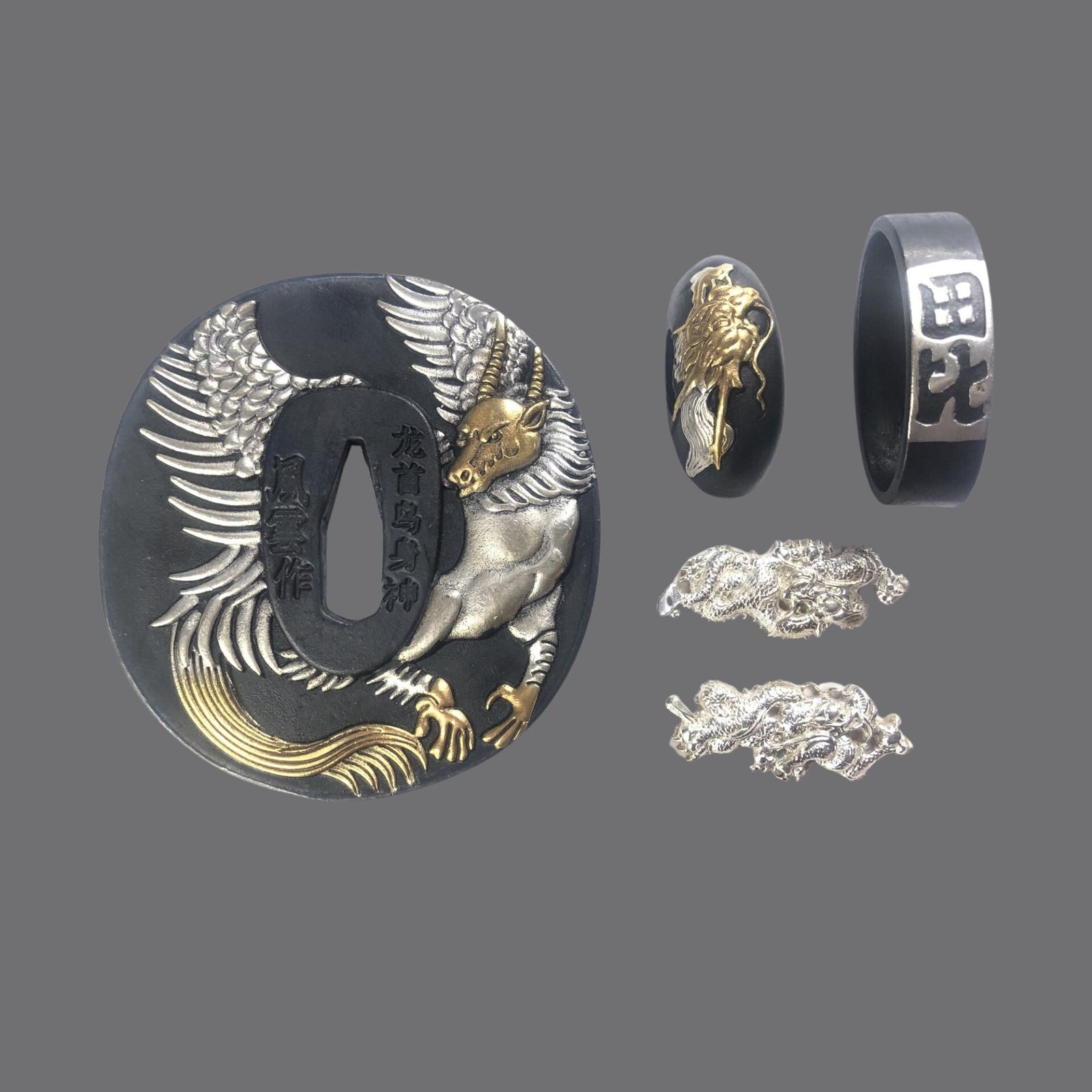 REAL Samurai Sword Blackened Copper Tsuba with Dragon Head and Bird ...