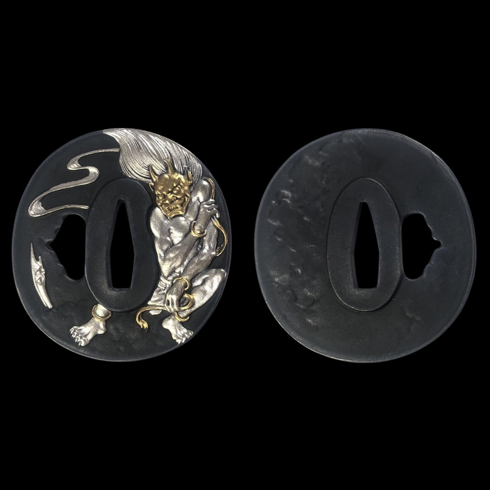 REAL Blackened Copper Tsuba with Raijin Thunder God Engraving | Tsuba ...