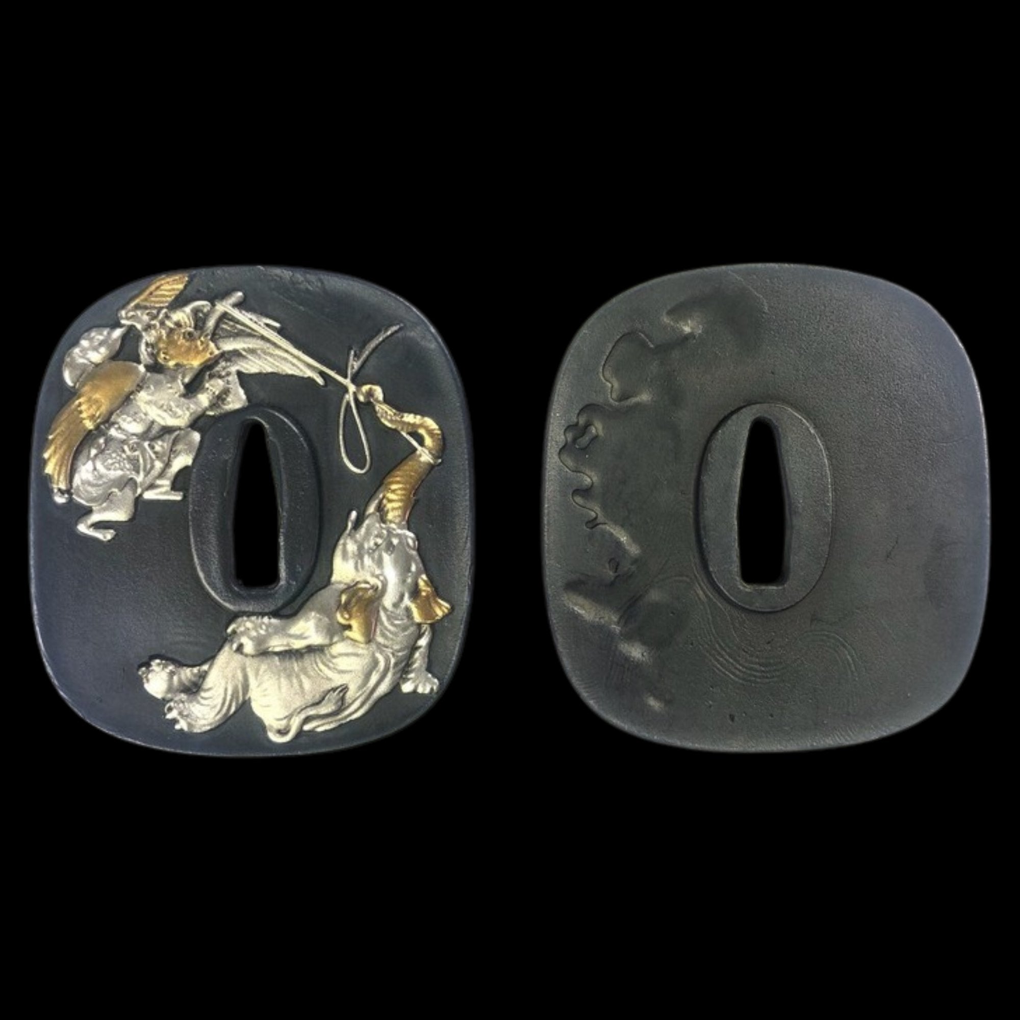 Australia Blackened Copper Tsuba with Tengu and Elephant Design | Hand ...