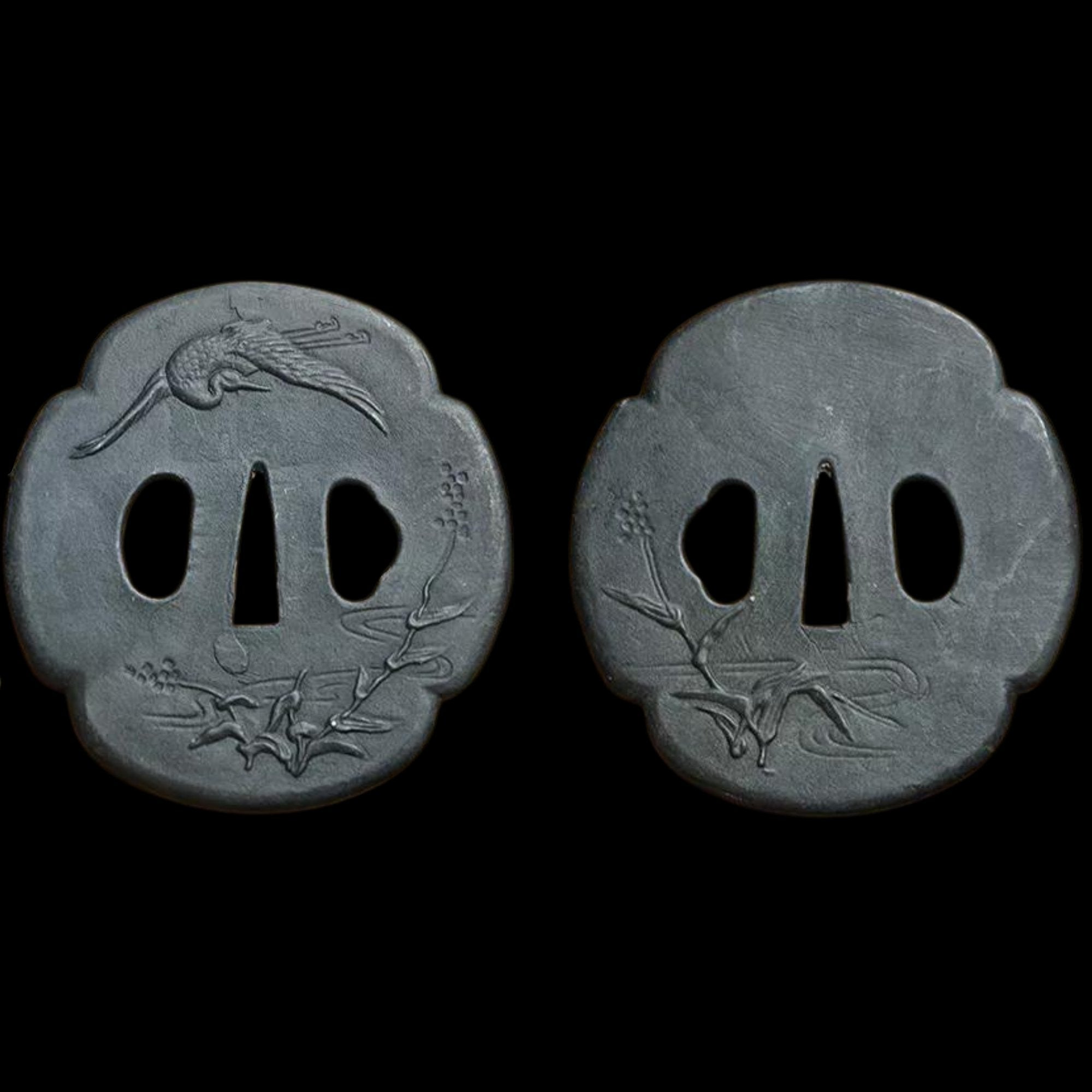 Australia Blackened Steel Tsuba with Crane and Plant Engraving | Hand ...