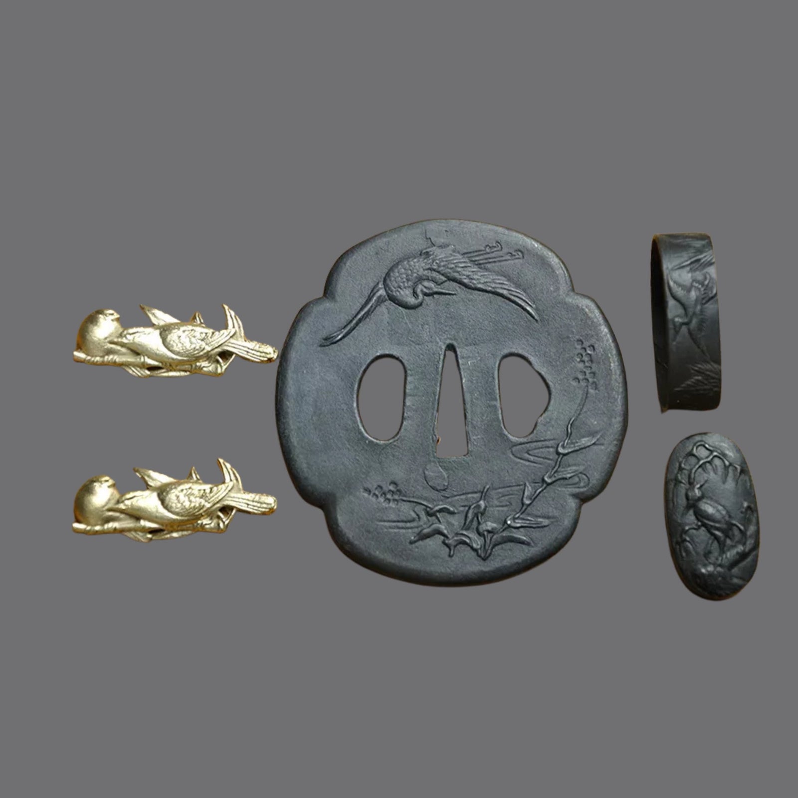REAL Blackened Steel Tsuba with Crane and Plant Engraving | Tsuba ...