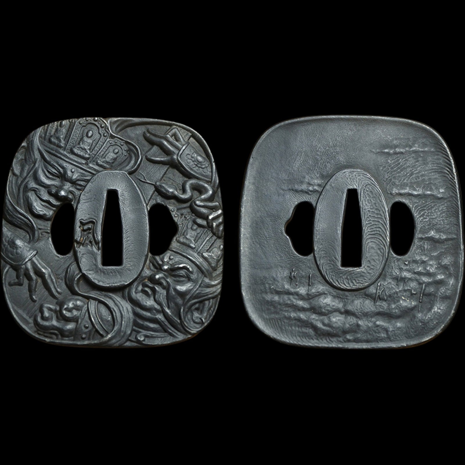 REAL Blackened Steel Tsuba with Divine Deity Engraving | Tsuba Australia