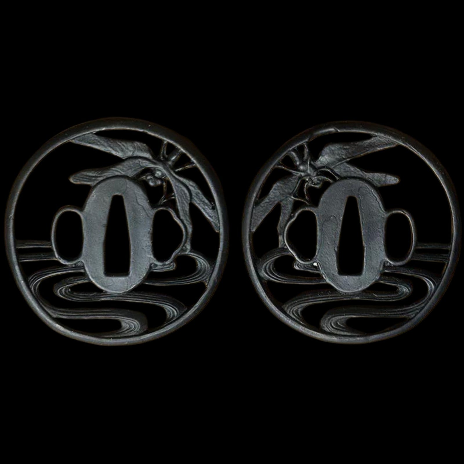 REAL Blackened Steel Tsuba with Dragonfly and Flowing Water Cutout ...
