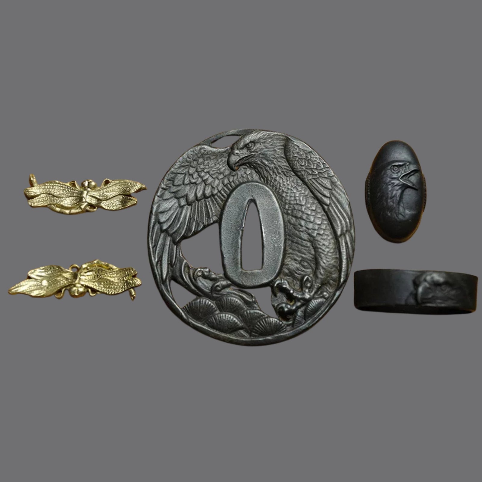 Australia Blackened Steel Tsuba with Eagle and Pine Forest Engraving ...