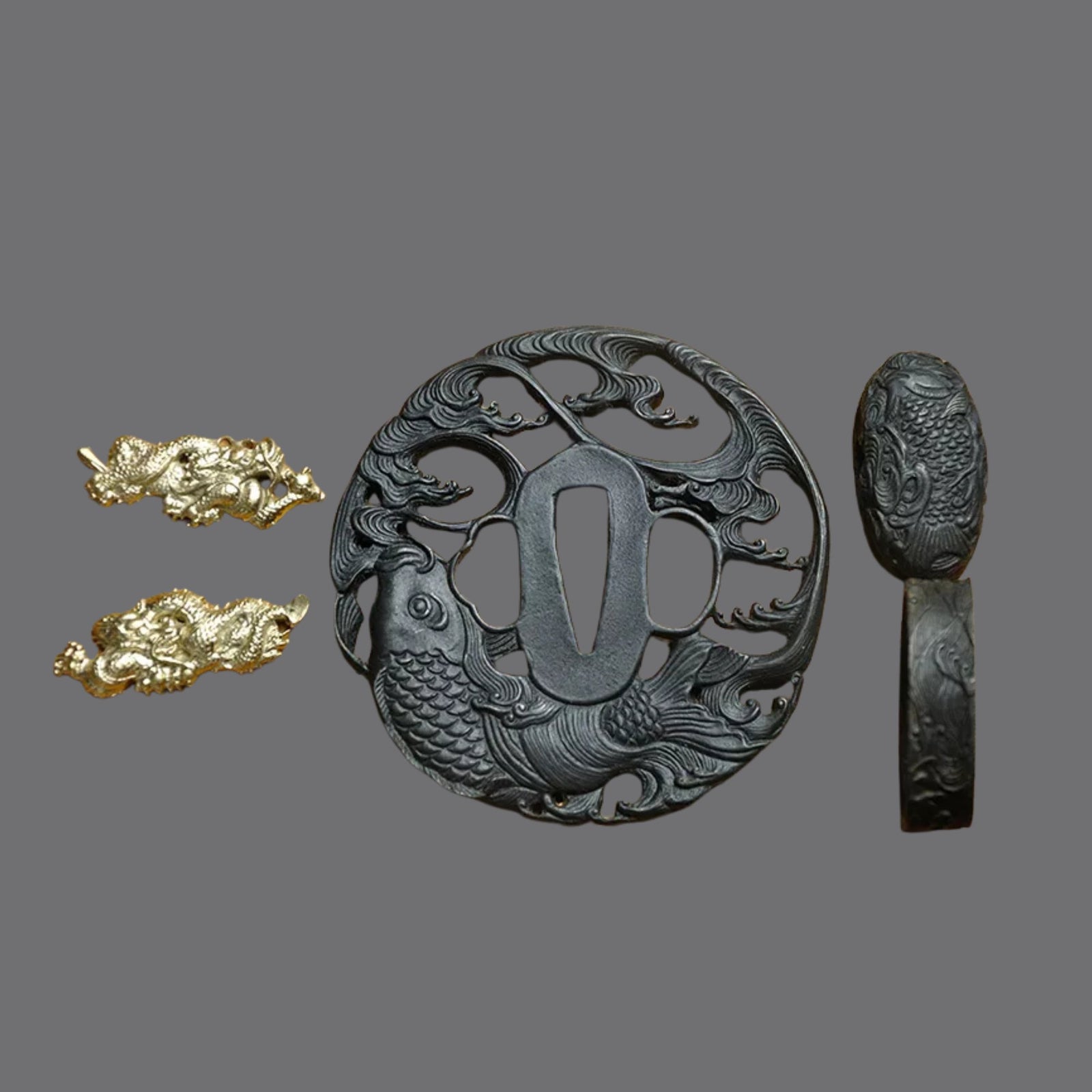 REAL Blackened Steel Tsuba with Fish and Wave Cutout Engraving | Tsuba ...