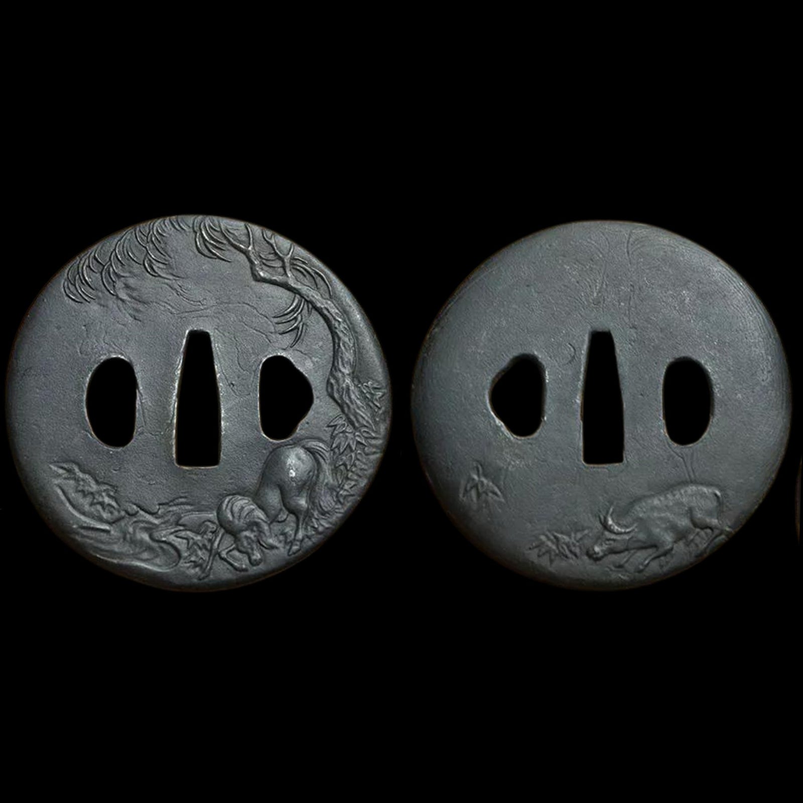 Australia Blackened Steel Tsuba with Horse and Ox Engraving | Hand ...