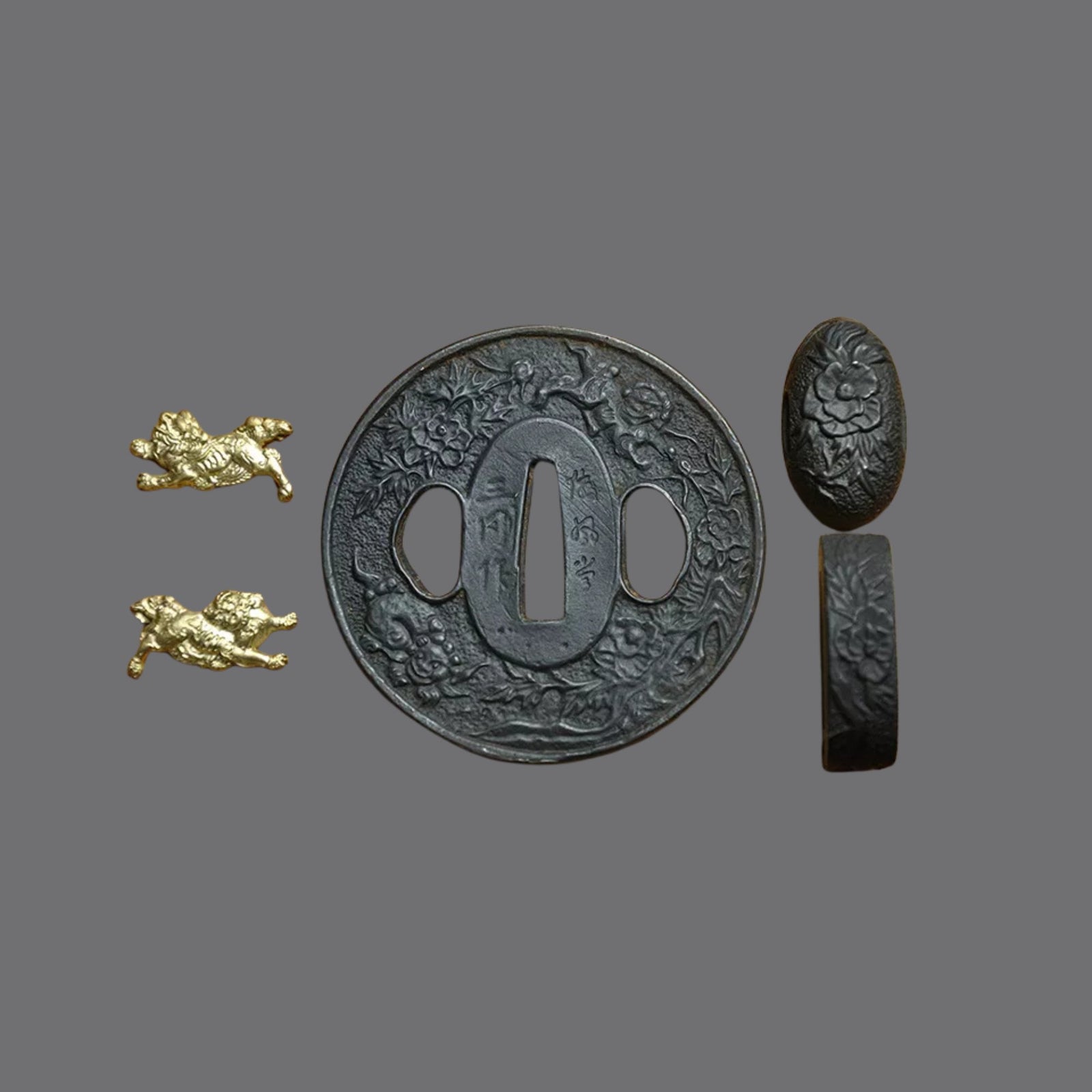 REAL Blackened Steel Tsuba with Lion and Floral Engraving | Tsuba ...