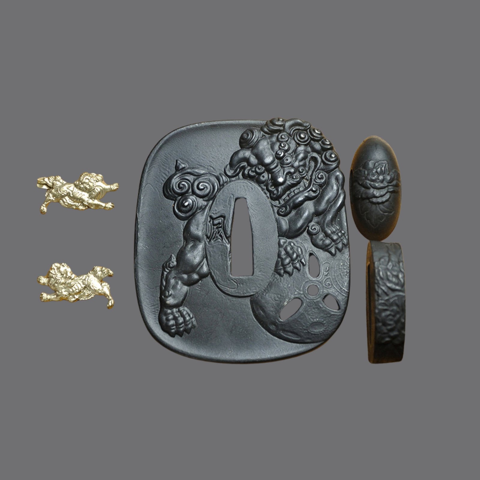 REAL Blackened Steel Tsuba with Lion and Peony Engraving Design | Tsuba ...