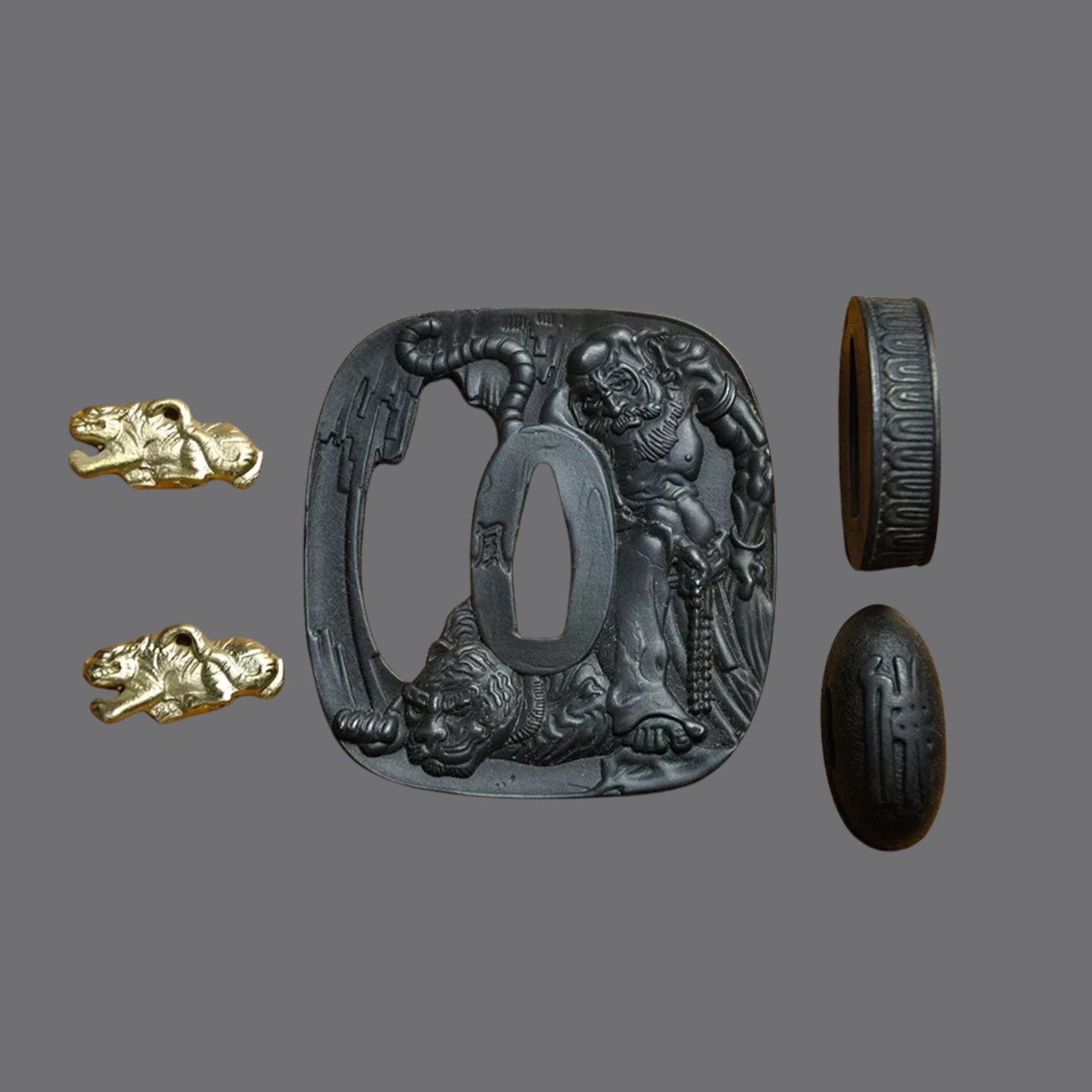 REAL Blackened Steel Tsuba with Monk and Tiger Engraving | Tsuba Australia