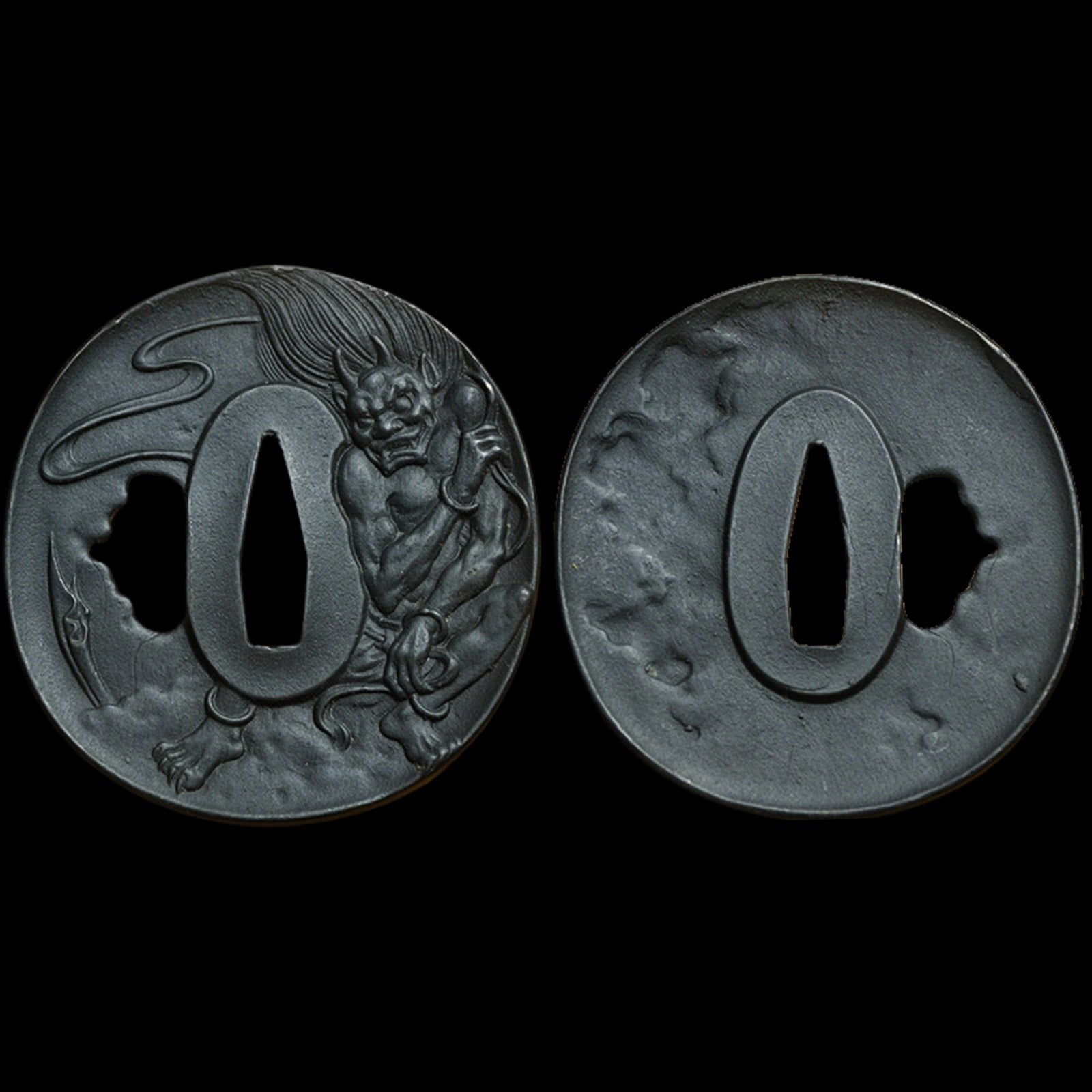 REAL Blackened Steel Tsuba with Oni Demon Theme Engraving | Tsuba Australia