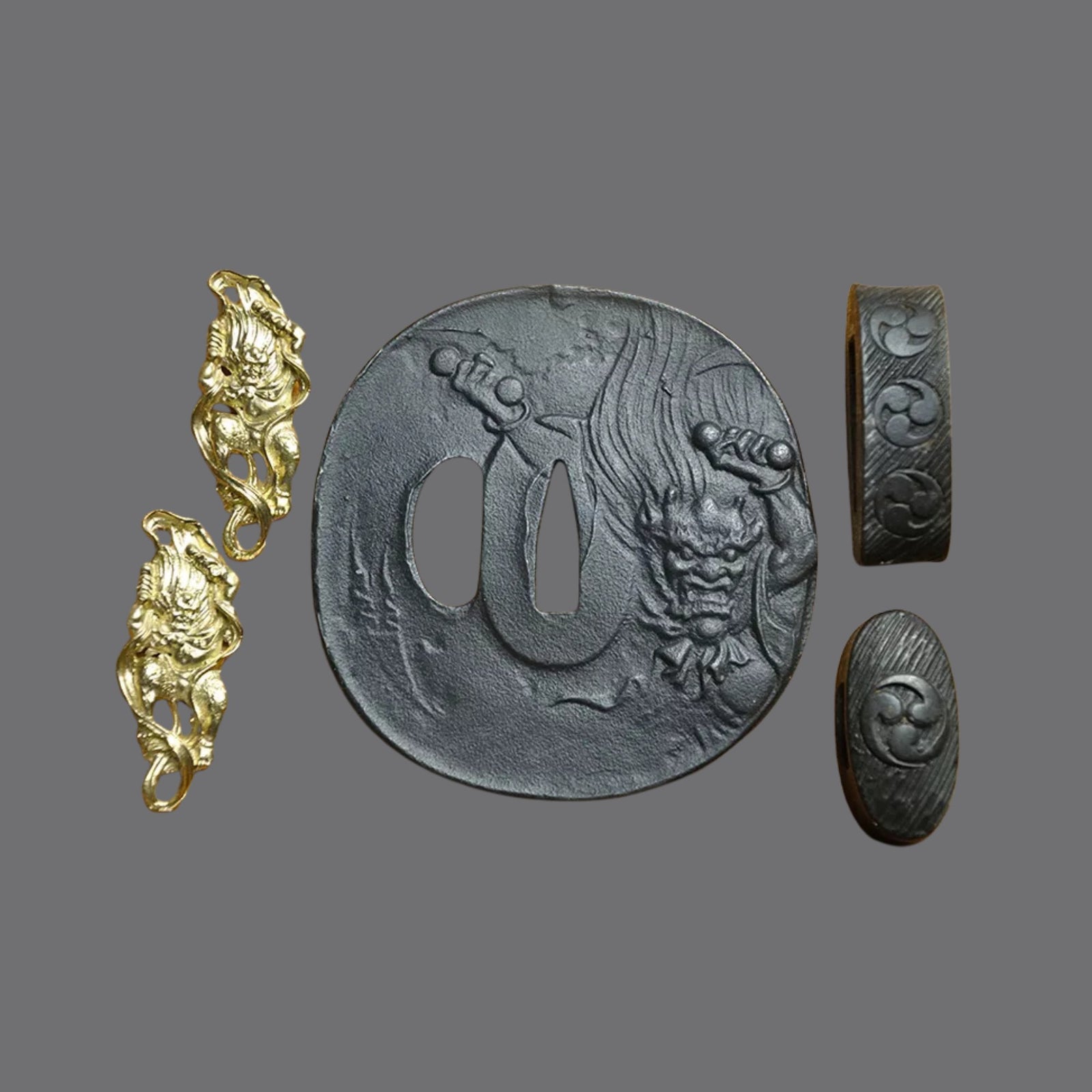 REAL Blackened Steel Tsuba with Raijin Thunder God Engraving | Tsuba ...