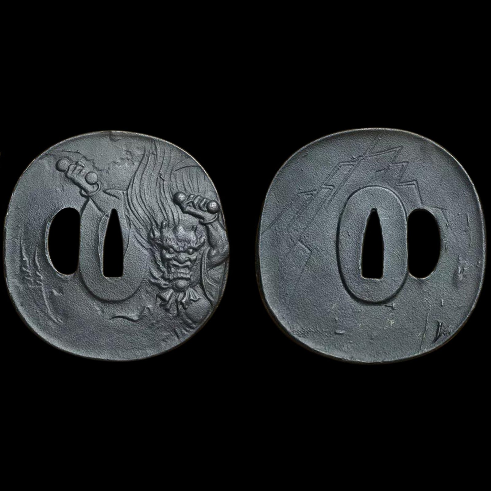 REAL Blackened Steel Tsuba with Raijin Thunder God Engraving | Tsuba ...