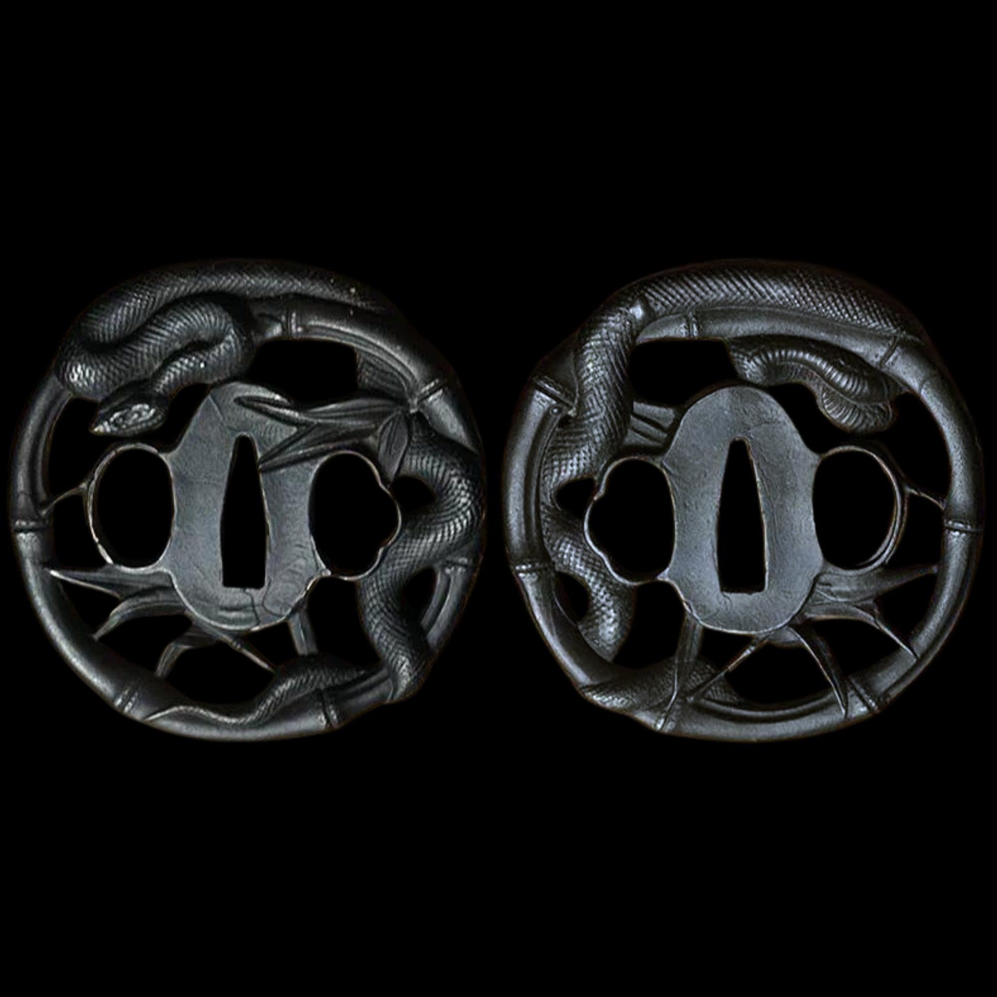Australia Blackened Steel Tsuba with Snake and Bamboo Forest Cutout ...