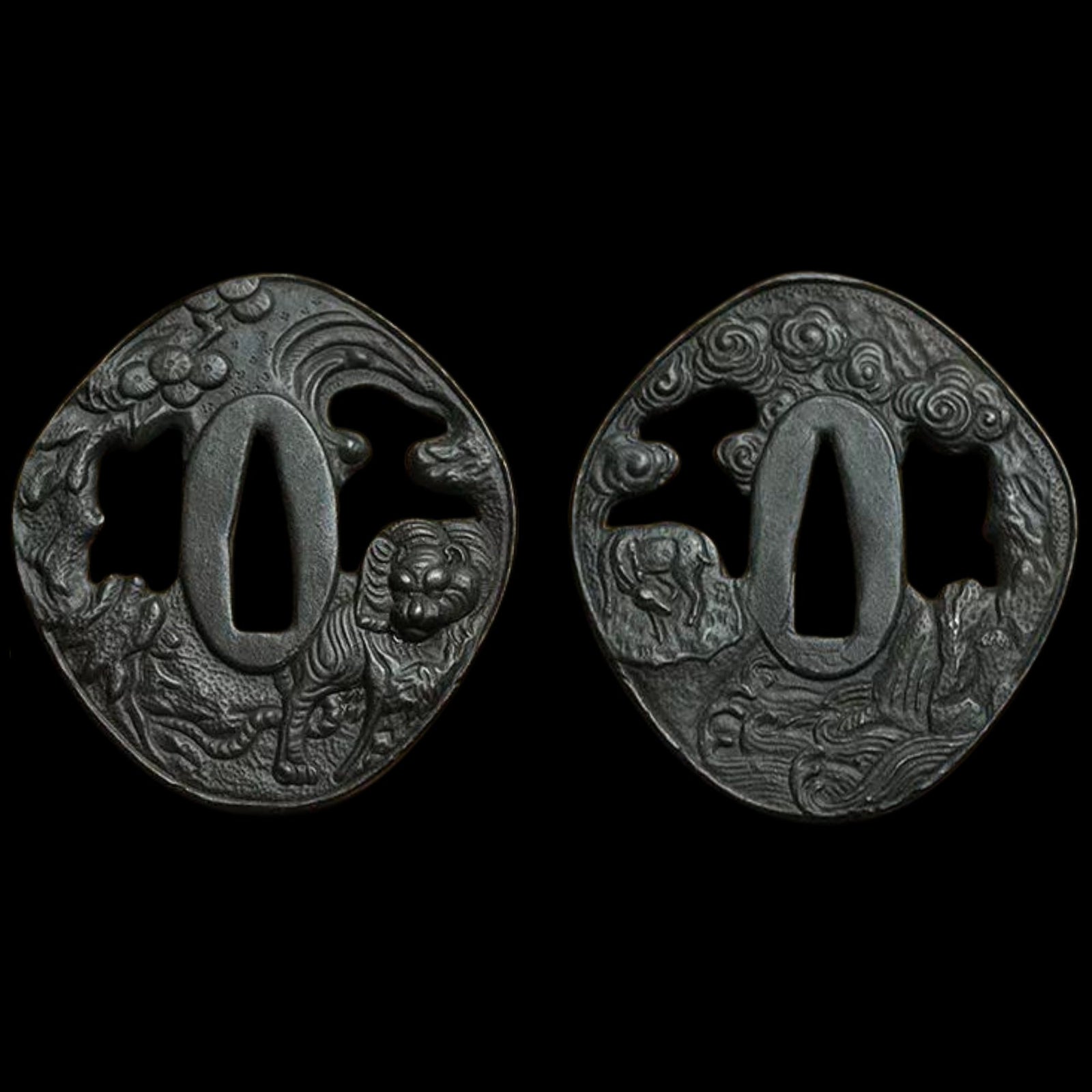 REAL Blackened Steel Tsuba with Tiger and Deer Cutout Engraving | Tsuba ...