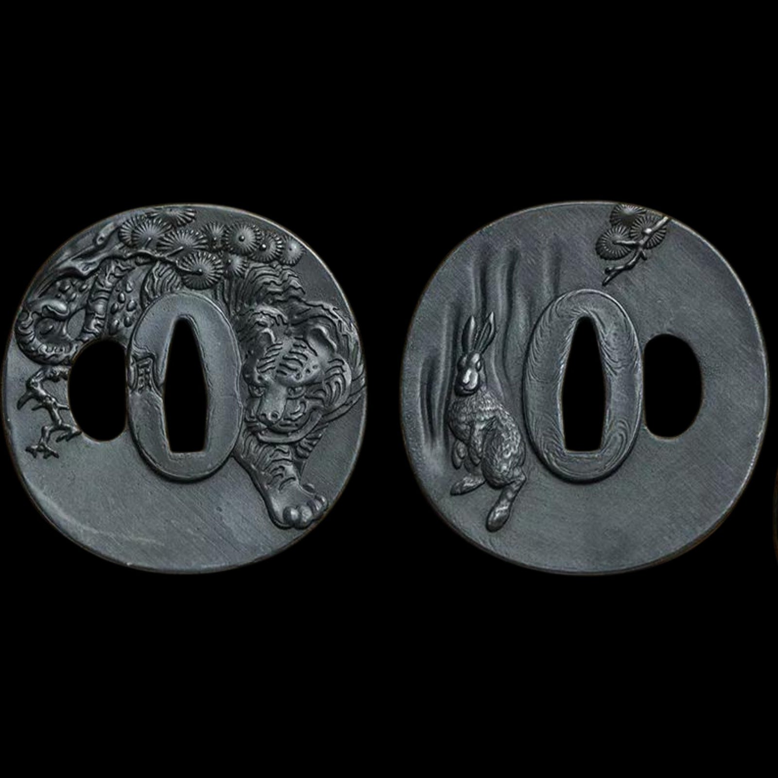 Australia Blackened Steel Tsuba with Tiger and Rabbit Engraving | Hand ...
