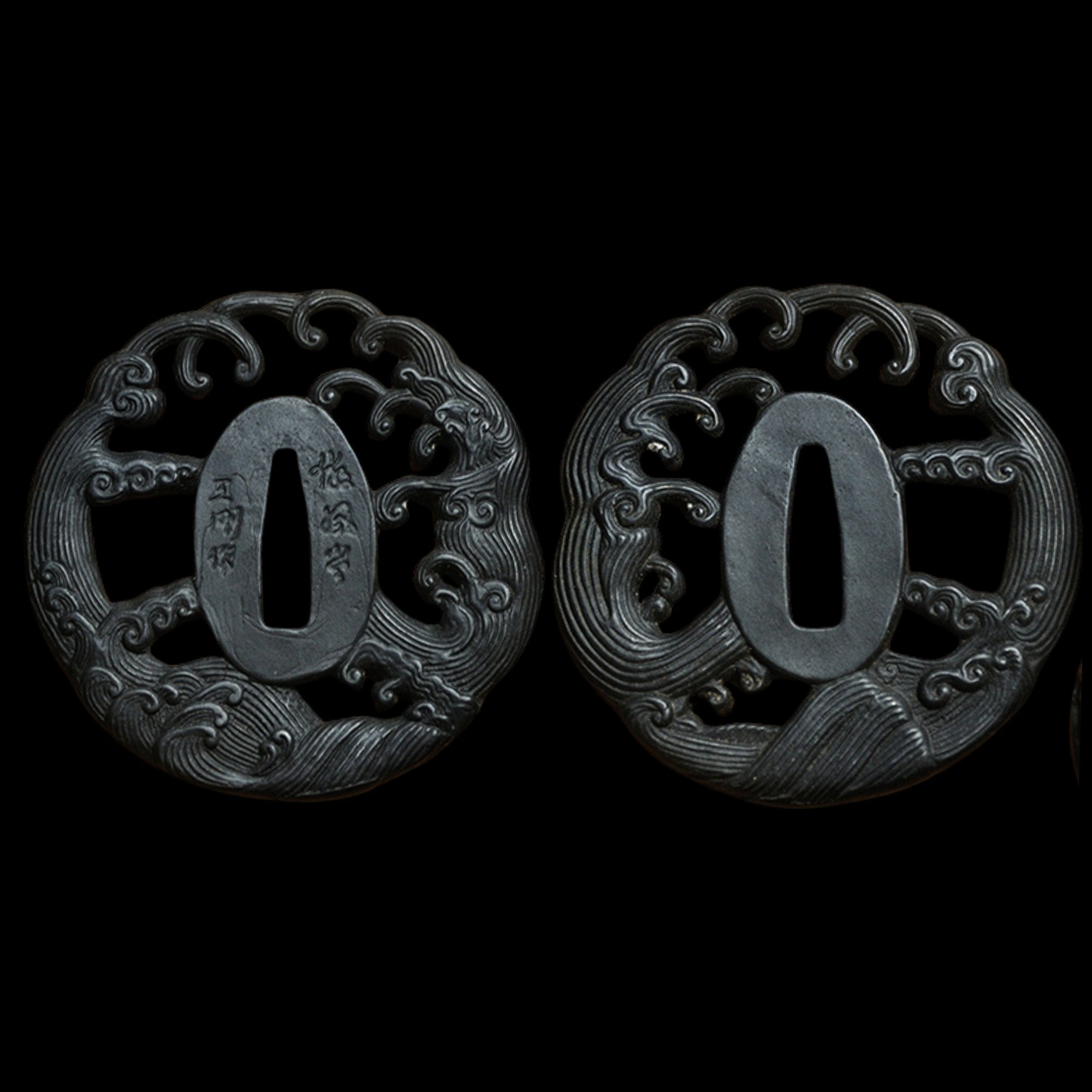 Australia Blackened Steel Tsuba with Wave Theme Cutout Engraving | Hand ...