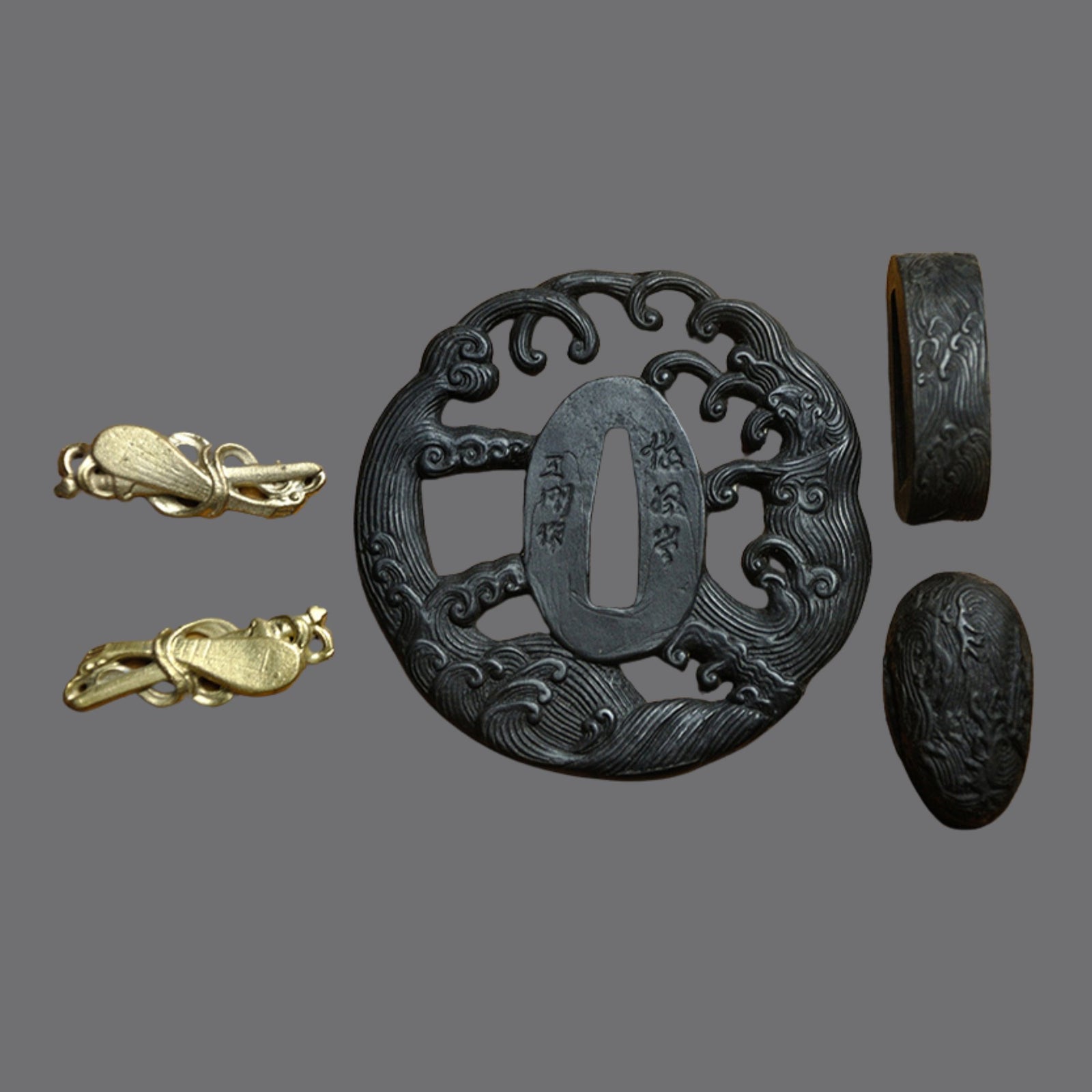 REAL Blackened Steel Tsuba with Wave Theme Cutout Engraving | Tsuba ...