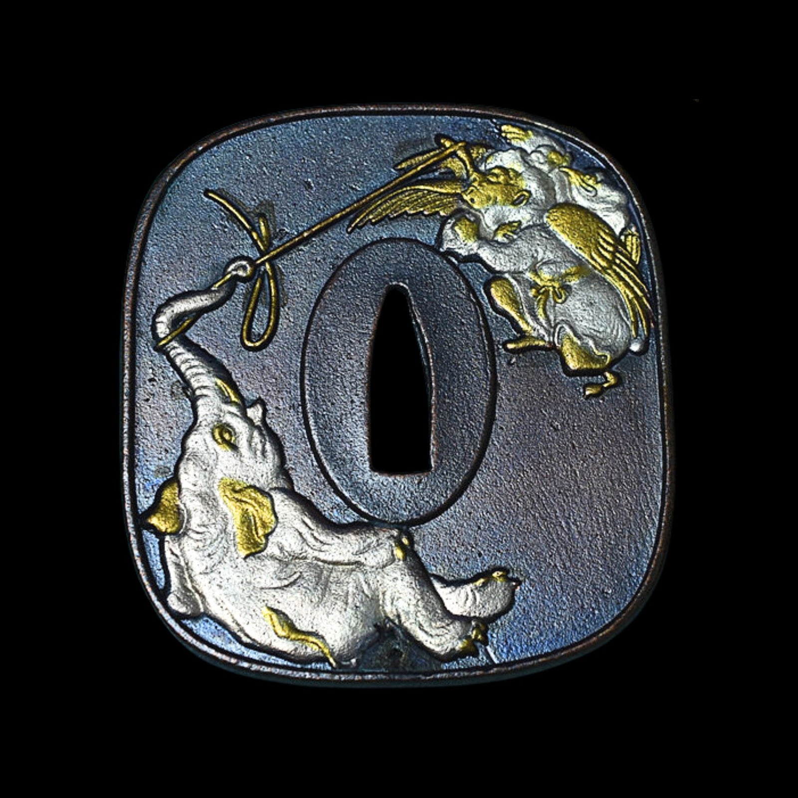 Australia Brass Tsuba with Elephant and Tengu | Hand-forged Tsuba for Sale