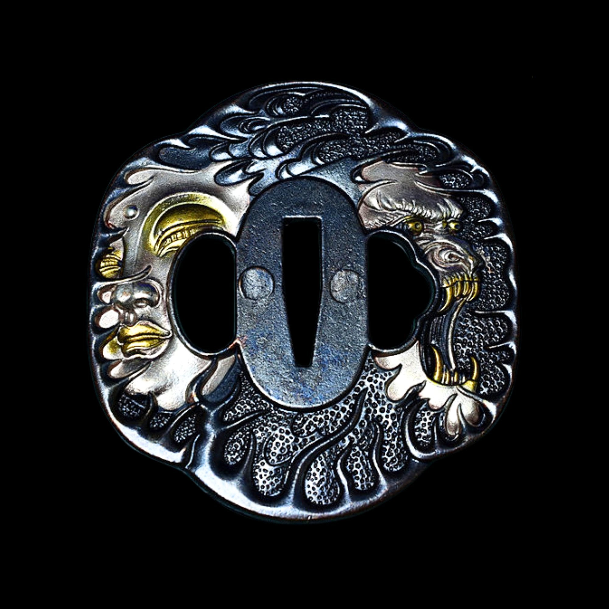 Australia Brass Tsuba with Oni and Deity Faces | Hand-forged Tsuba for Sale