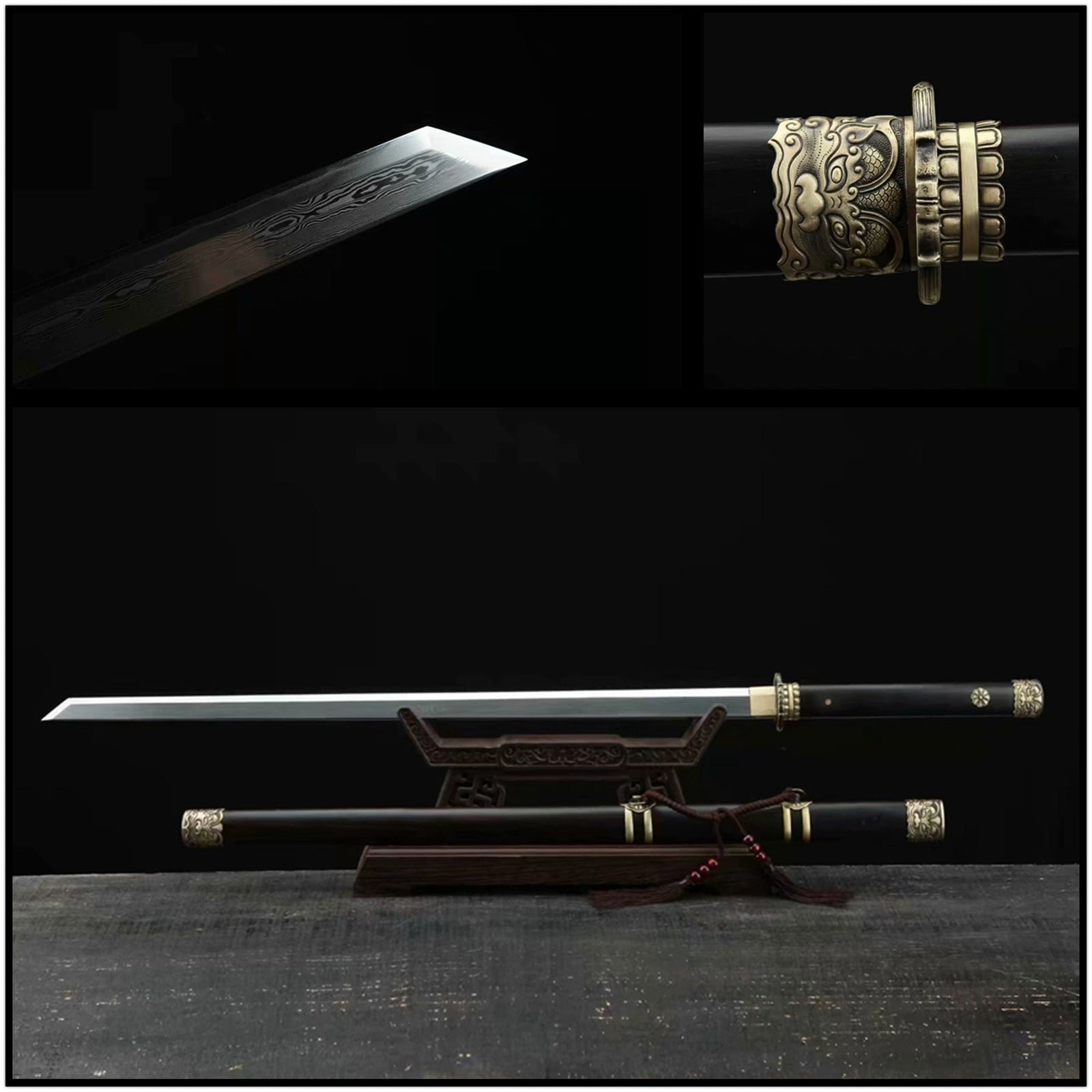 Australia Tang Dao Black Dragon Damascus Folded Clay Tempered Ebony ...