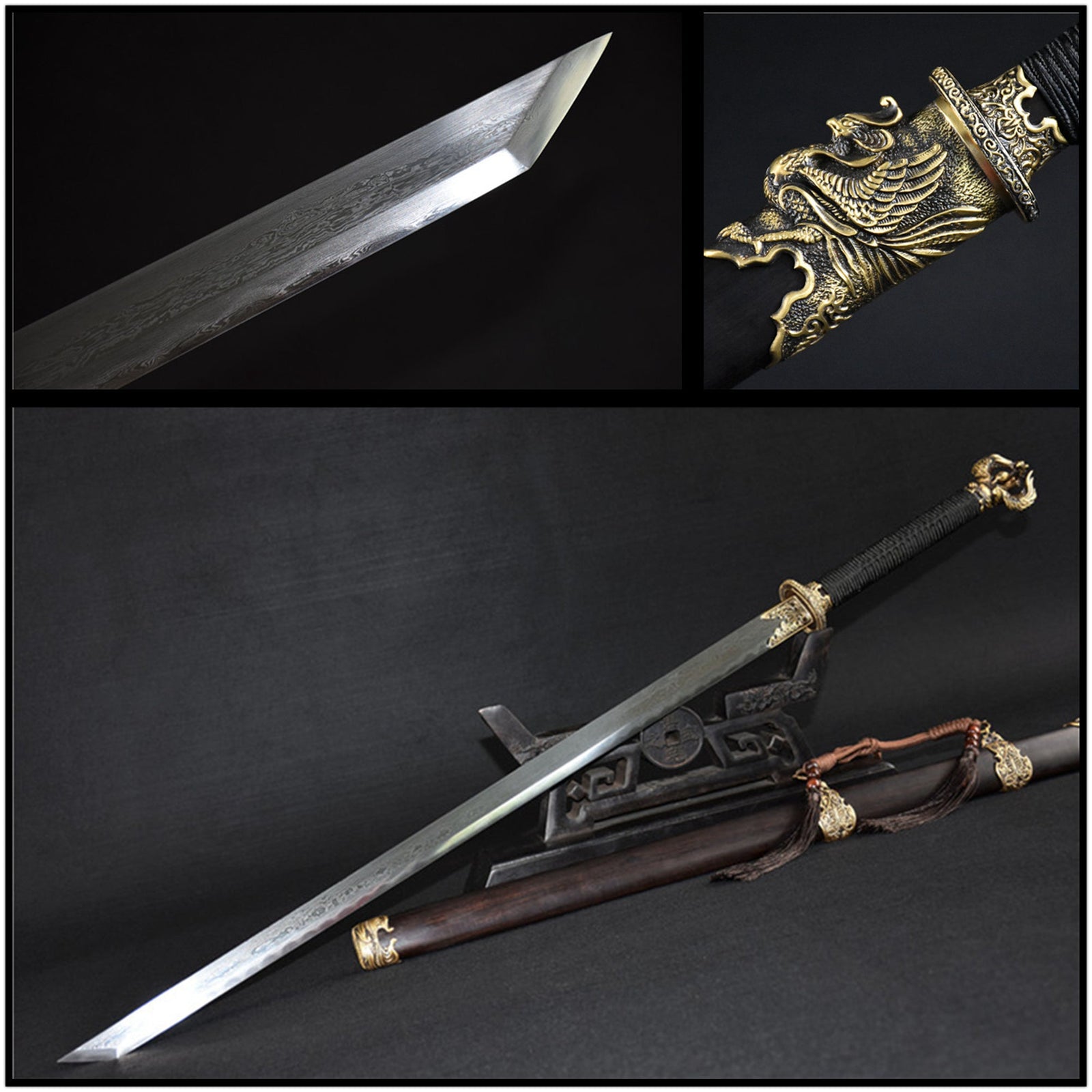 Australia Tang Dao Phoenix Damascus Folded Clay Tempered Ebony Wood ...